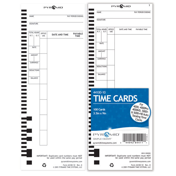 Pyramid 4000 & 5000 Time Clock Attendance Cards - 100 Pack for Accurat ...